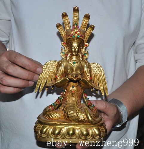 10"Old Tibet Bronze Gilt 5-Heads Snake Naga Kanya Snake Fairy Buddha ...