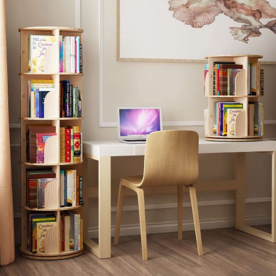 1-5 Tier Rotating Bookshelf 360°Solid Wood Spinning Bookshelf Revolving ...