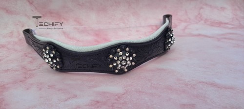 Western Black Leather Browband Traditional Carved white padded Black ...