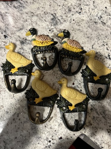 Vintage Cast Iron Hand Painted 6 Ducks Wall Hook Coat Hanger Mallard ...