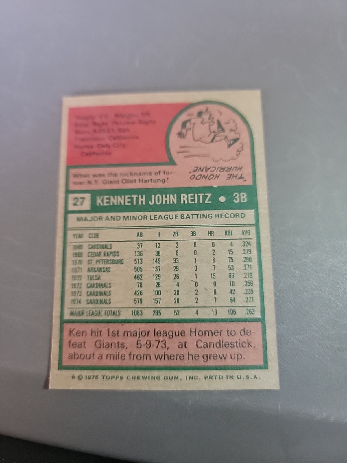 Ken Reitz 1975 Topps #27 St. Louis Cardinals NM NEAR MINT | eBay