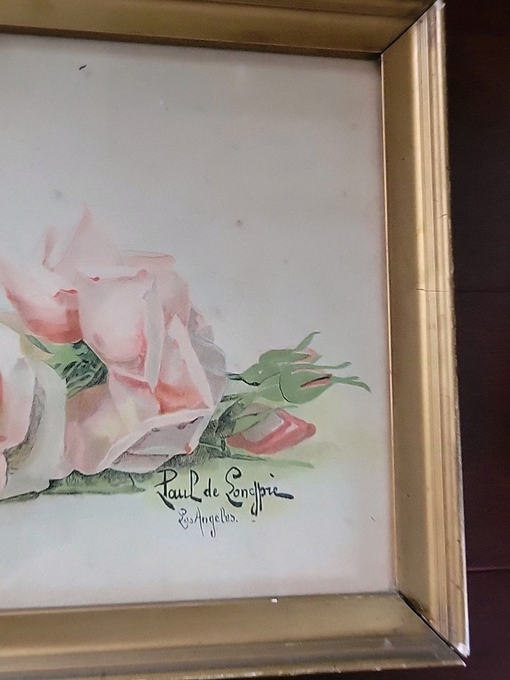 Antique~1900's Victorian Yard Long~Paul de Longpre Pink Roses LaFrance ...