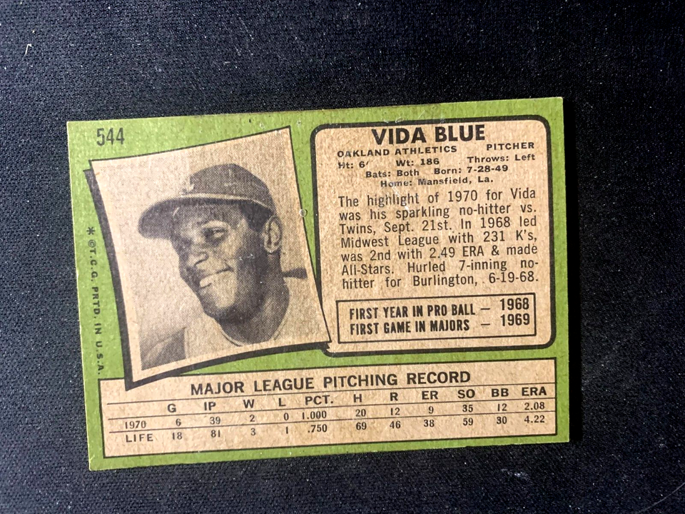 1971 TOPPS BASEBALL #544 VIDA BLUE OAKLAND ATHLETICS EXCELLENT ...