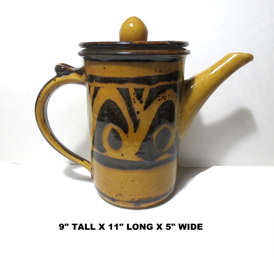 VINTAGE SIGNED! HANDMADE GLAZED STONEWARE POTTERY PITCHER JUG w LONG ...