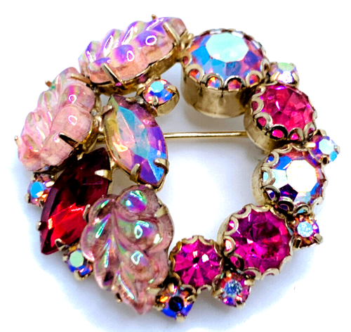 Vtg WEISS Near Mint Signed Pink Molded Glass Leaves AB Rhinestone ...