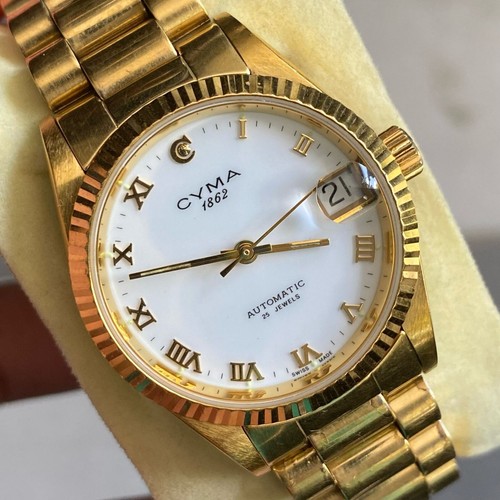 Rare Cyma Automatic Roman Index White Dial Gold Swiss Vintage Watch ...