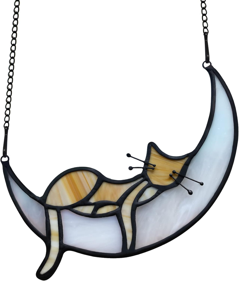 Stained Glass on Moon Cat Windown Hanging,Handcrafted Suncatcher Orange ...