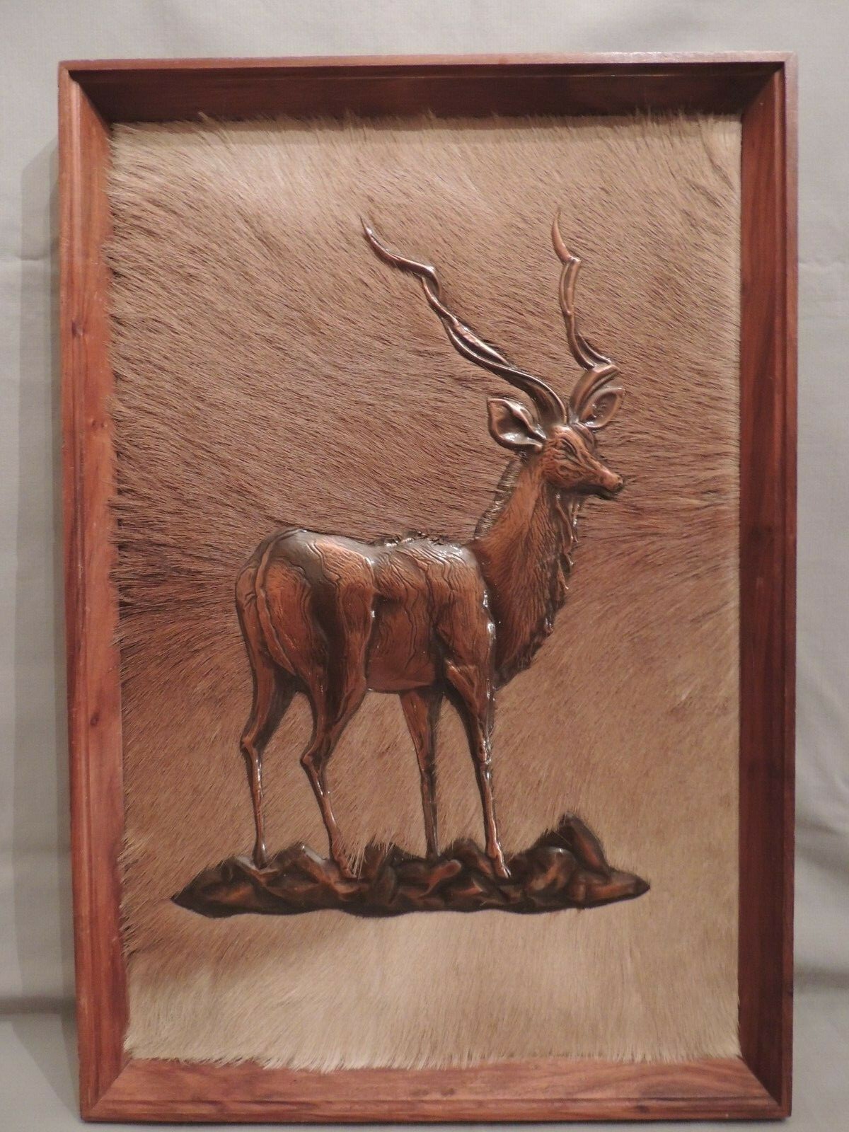 Collectible KUDU copper engraving painting in fur & wood another H.T ...