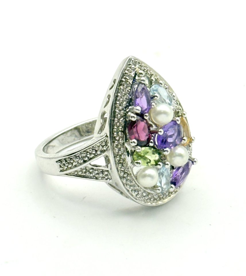 925 Sterling Silver Multi-Stone Diamond Ring - Size 8.5 | eBay