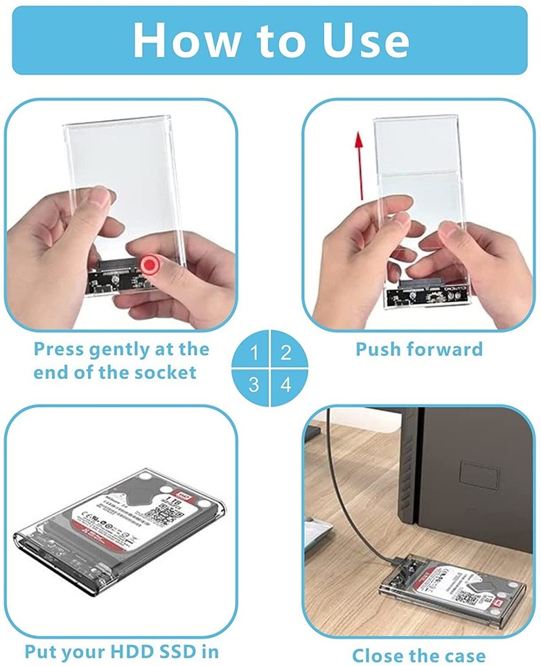 2.5" SATA USB 3.0 Clear Hard Drive Disk HDD SSD Enclosure External ...