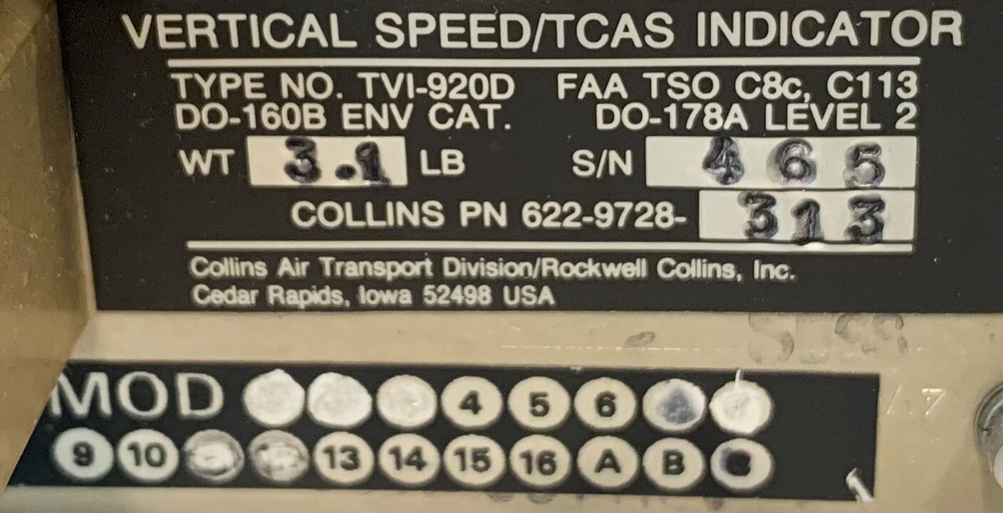 Collins Vertical Speed/tcas Indicator Tvi920d 622-9728-324 as Removed ...