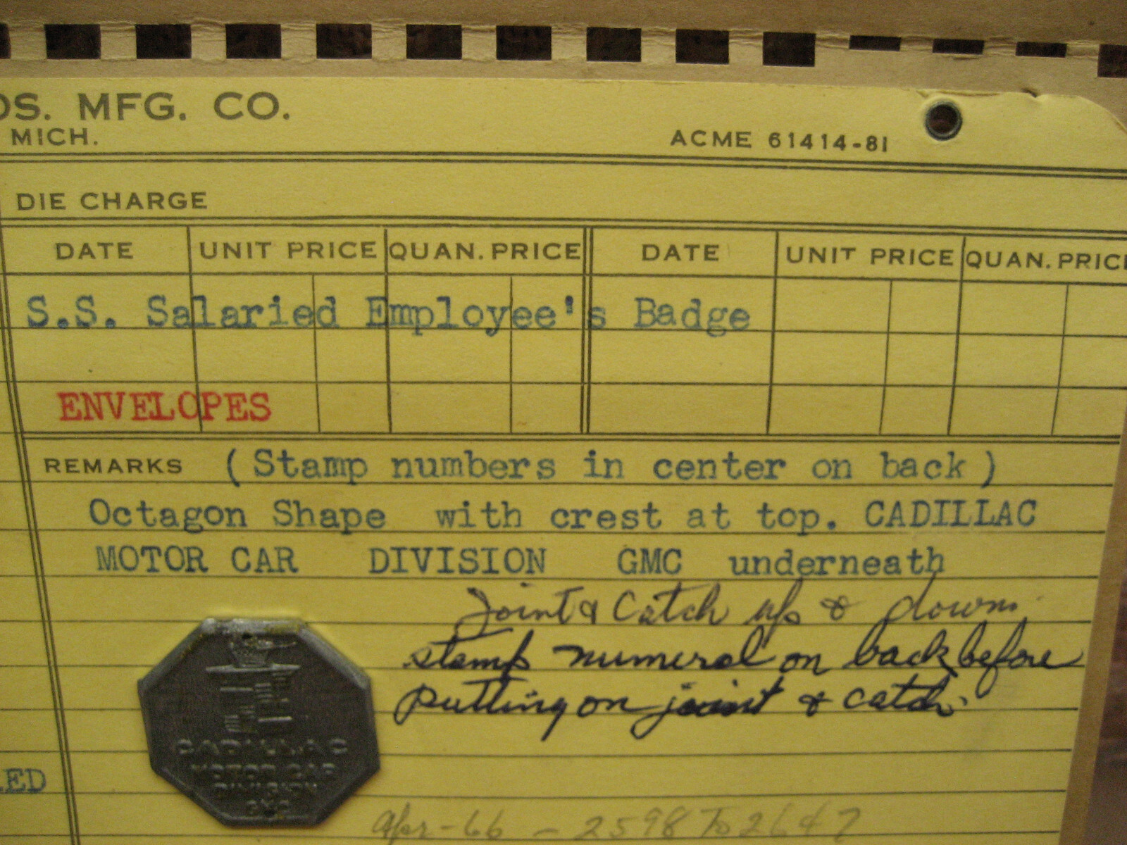 VTG 1953 Cadillac Motor Div Salaried Employee's Badge Blank Sales ...