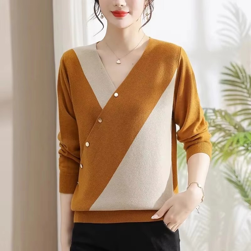 Women Knitted Bottom Shirt Pullover Sweater V-Neck Long Sleeved Top ...