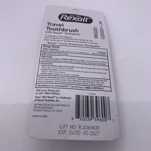 Rexall Travel Toothbrush & Toothpaste Green Exp 05/2027 | eBay