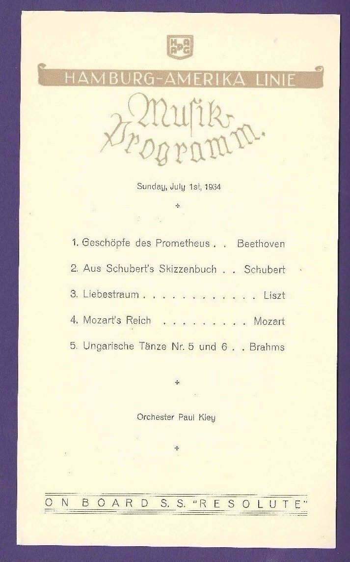 1934 SS Resolute - Concert Program - Hamburg American Line HAPAG | eBay
