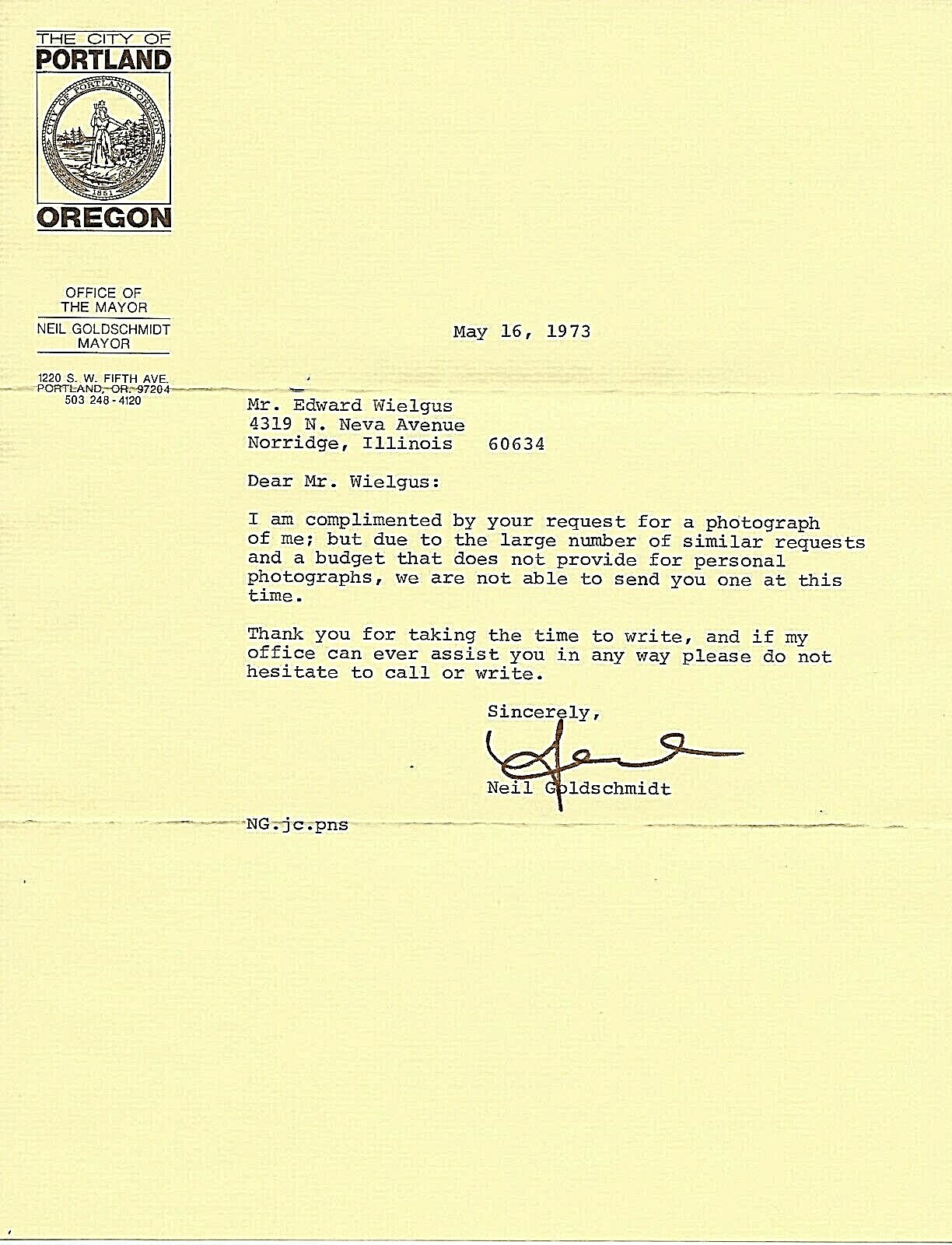 1973~CITY OF PORTLAND, OREGON~OFFICE OF MAYOR LETTERHEAD & AUTOGRAPH | eBay