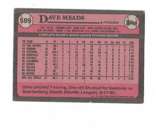 Dave Meads Astros Pitcher #589 Topps 1989 Baseball Card | eBay