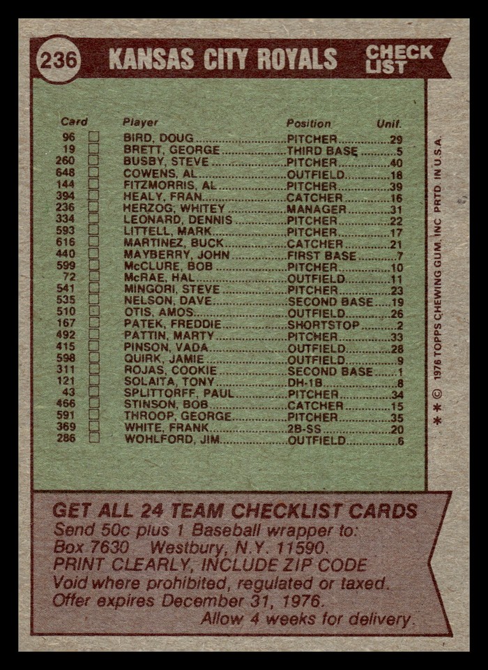 1976 Topps #236 Kansas City Royals / Whitey Herzog | eBay