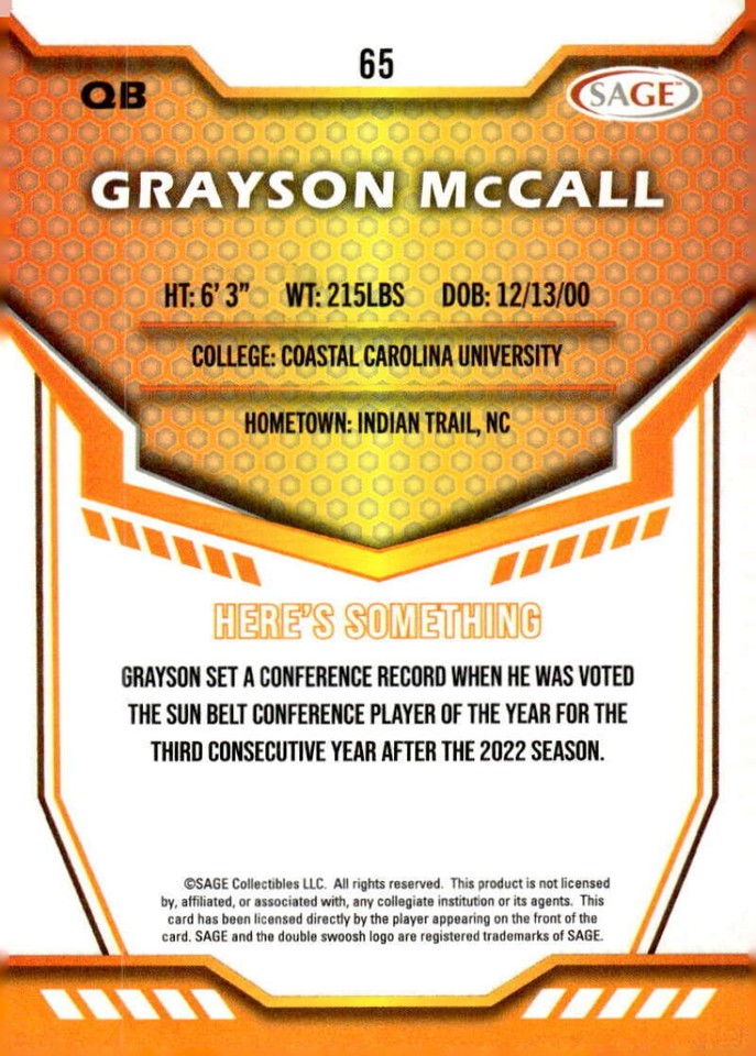 GRAYSON MCCALL RC 2024 SAGE Hit Low Series Silver #65 ROOKIE NCAA NFL ...