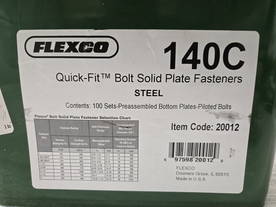 Flexco 140C Bolt Solid Plate Fasteners For Conveyor Belts- 100 Count ...