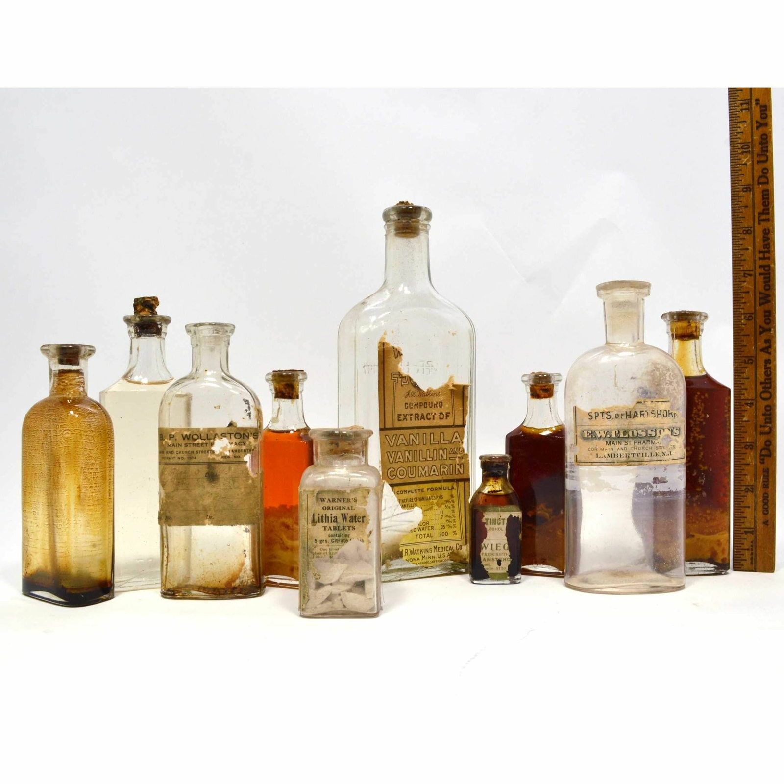 Antique BOTTLE LOT OF 10 MEDICINE-CURES Paper Label & Contents ...