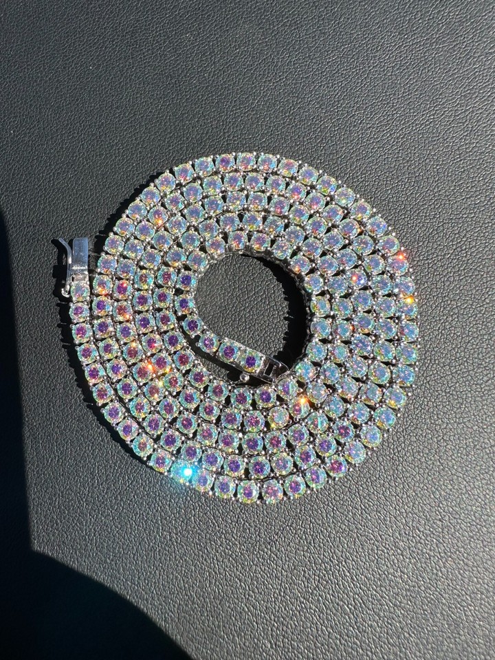 Real Opal Rainbow MOISSANITE 3mm Tennis Chain 925 Silver Iced Necklace ...