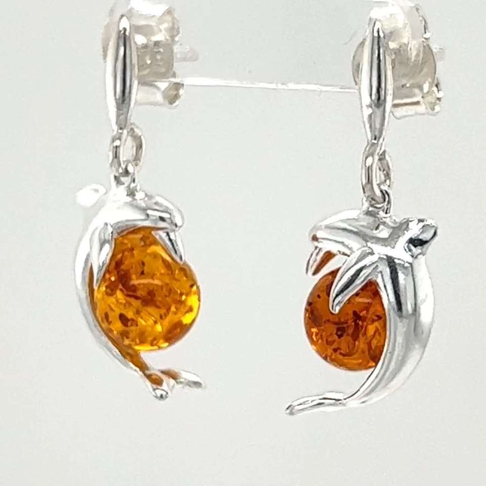 Brown / Cognac BALTIC AMBER Dolphin Leverback Earrings 925 STERLING ...