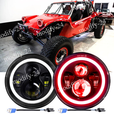 2pcs Fit VW Dune Buggy / Rail Buggy 7'' Round LED Headlights Red Halo ...