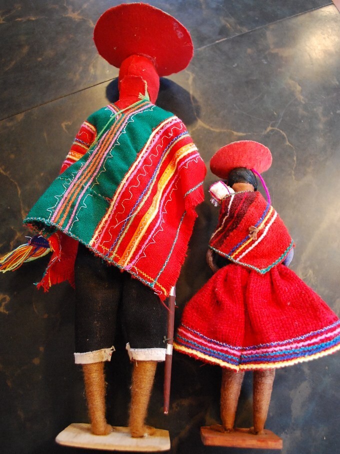 Set 2 Vtg HANDMADE Peruvian Dolls WOMAN W CHILD & MAN Clay & Woven Wool ...