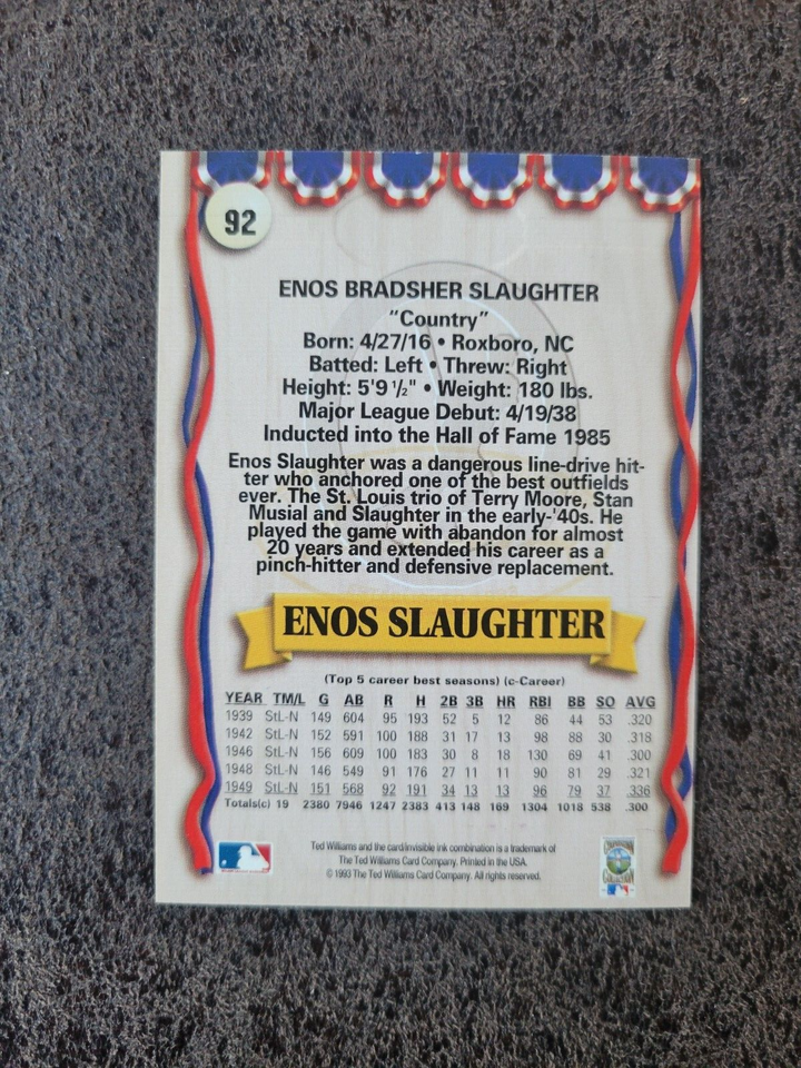 1993 Ted Williams Enos Slaughter #92 - St. Louis Cardinals ...