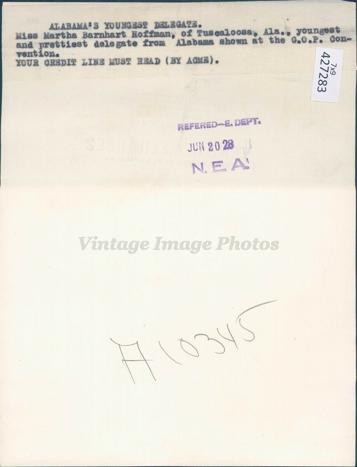 1928 Martha Barnhart Hoffman Tuscaloosa Al Pretty Delegate Convention ...