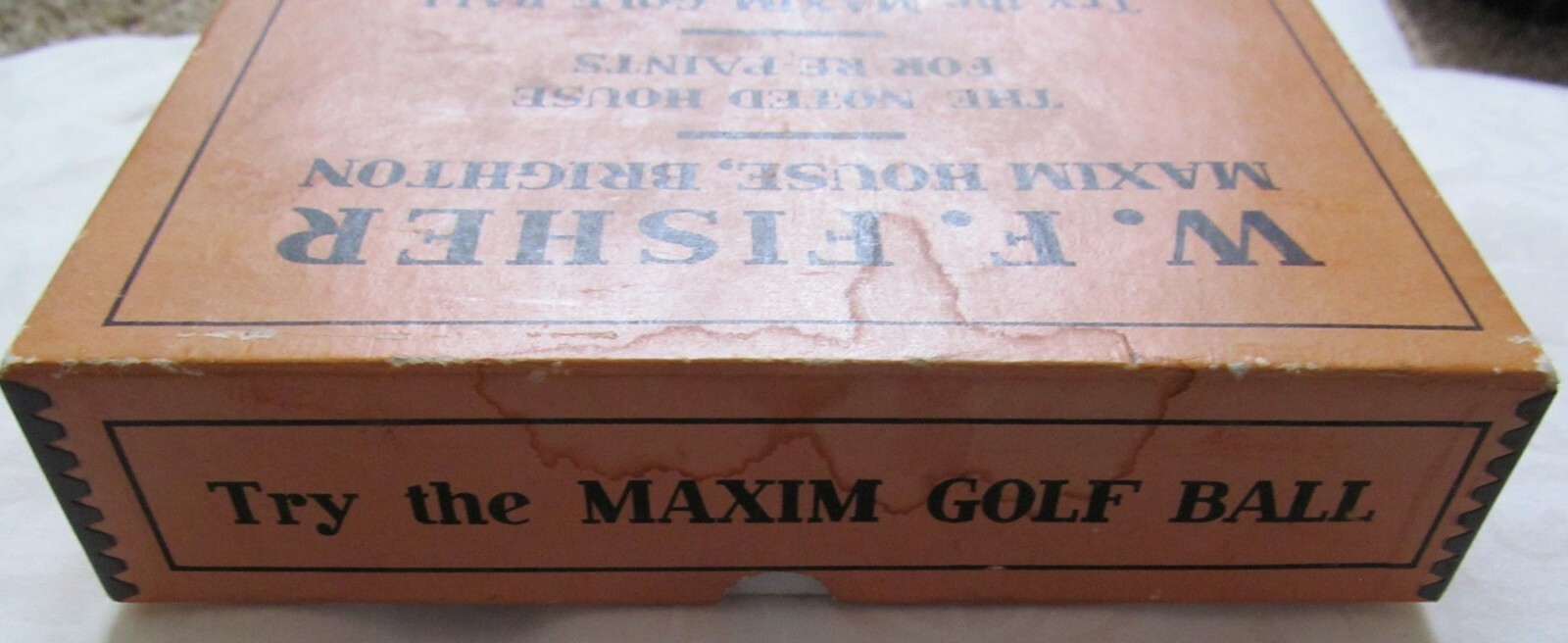 VINTAGE EMPTY GOLF BALL BOX TO HOLD A DOZEN W. F. FISHER REPAINT DIMPLE ...