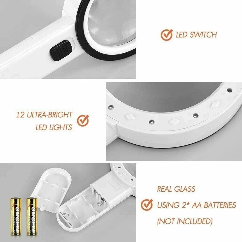 Magnifying Glass 30X Handheld 12 LED Light Magnifier for Reading ...