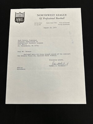 1974 Northwest League of Professional Baseball Official Letter ...