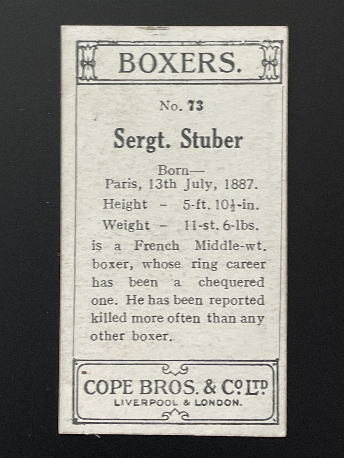73 SERGT STUBER ORIGINAL 1915 COPE BROS BOXERS COPES CIGARETTE TOBACCO ...