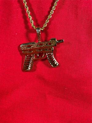 14 KT GOLD PLATED MACHINE GUN CHARM & 16"-30" 2.5MM ROPE CHAIN-3030 USA ...