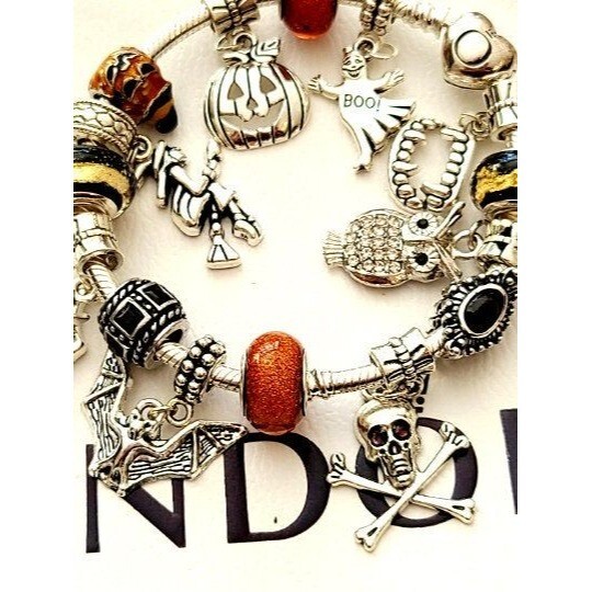PANDORA GOTHIC HALLOWEEN Charm Bracelet .925 Sterling Silver Bat Skull ...