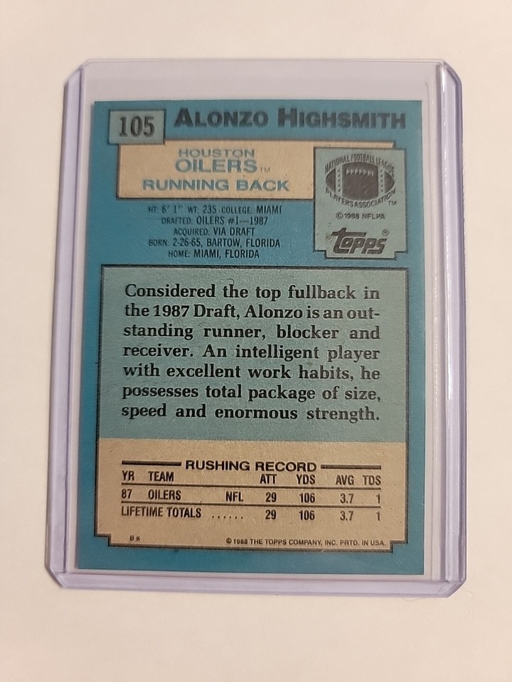 1988 Topps #105 Alonzo Highsmith NM-MT RC Rookie Oilers | eBay
