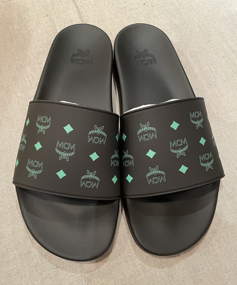 MCM Slides Men’s Black/Green Monogram Print Rubber Slides Shoes US 10 ...