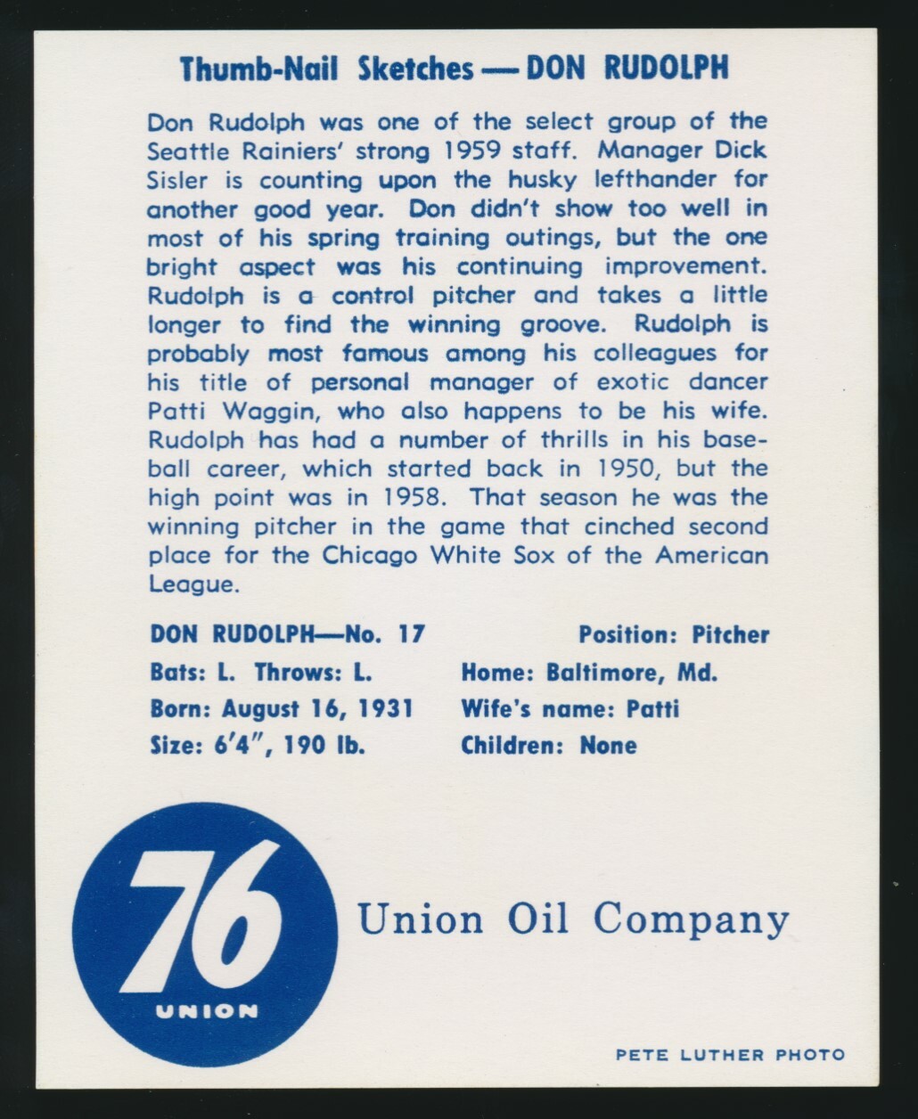 1960 Union Oil (PCL) DON RUDOLPH (Seattle Rainiers) Married/Managed ...