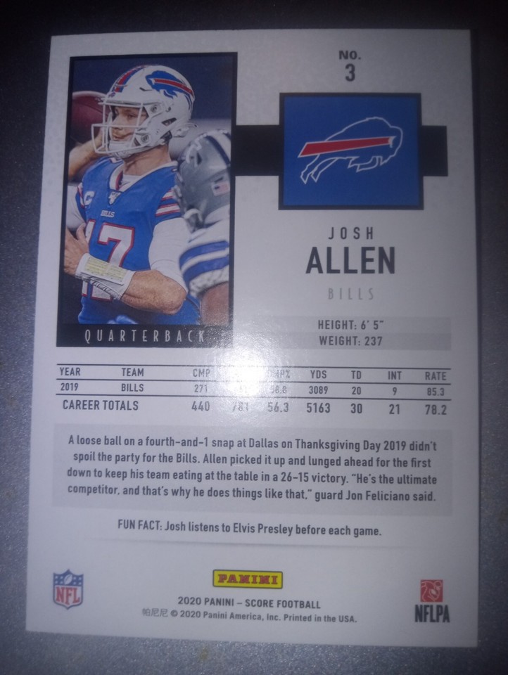 2020 Josh Allen Autographed Auto Panini Score Football NFL Card Bills ...