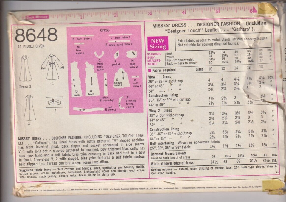 8648 SIMPLICITY Designer Fashion c.1969 - DRESS w Neck Interest - Sz 10 ...