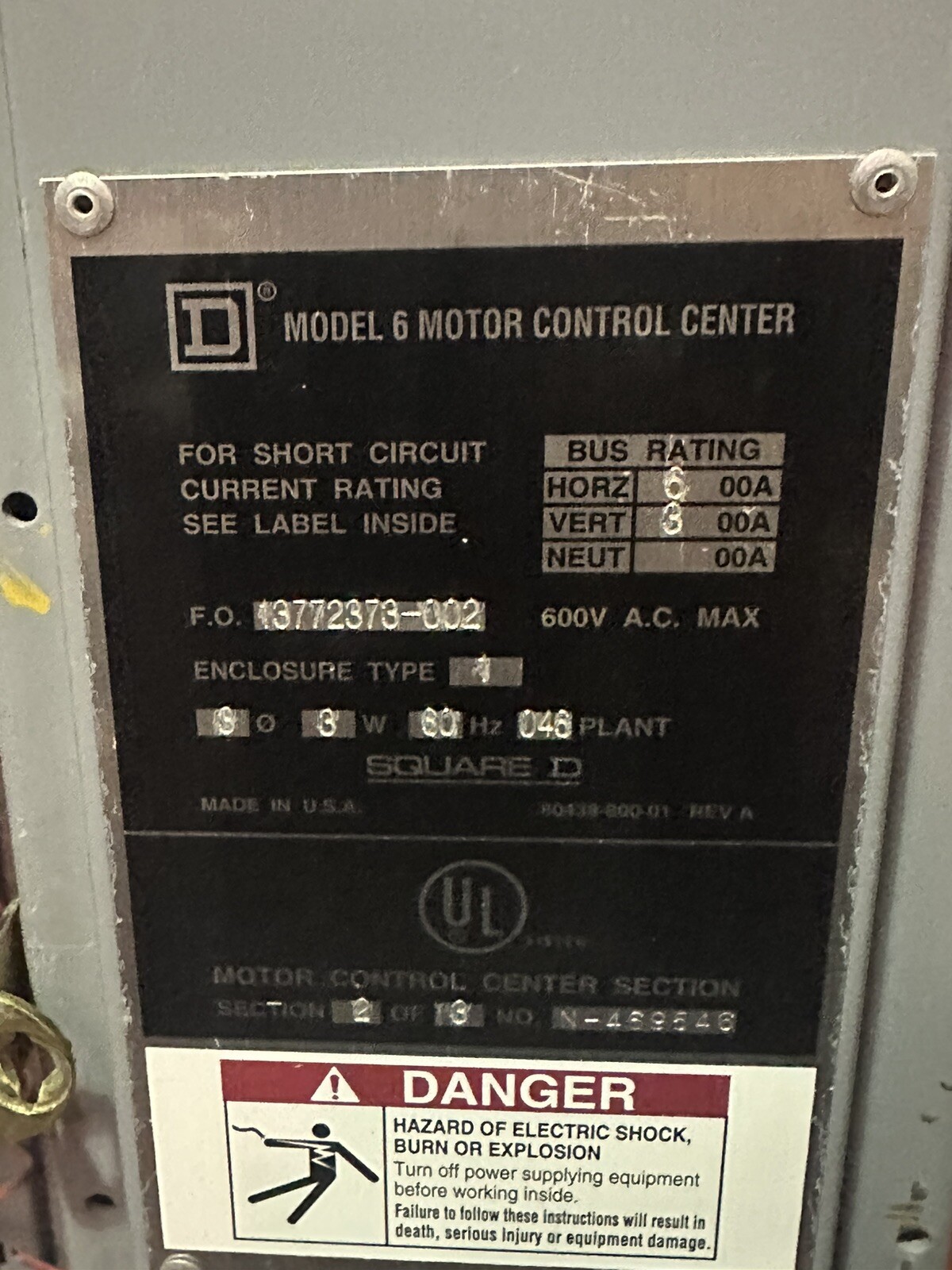 SQUARE D MODEL 6 MOTOR CONTROL CENTER MCC 3 SECTION 300 AMP VERTICAL ...
