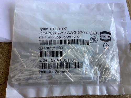 100 X HARTING 09150006104 R15-STI-C silver plated crimp pin. 0.14” 0 ...