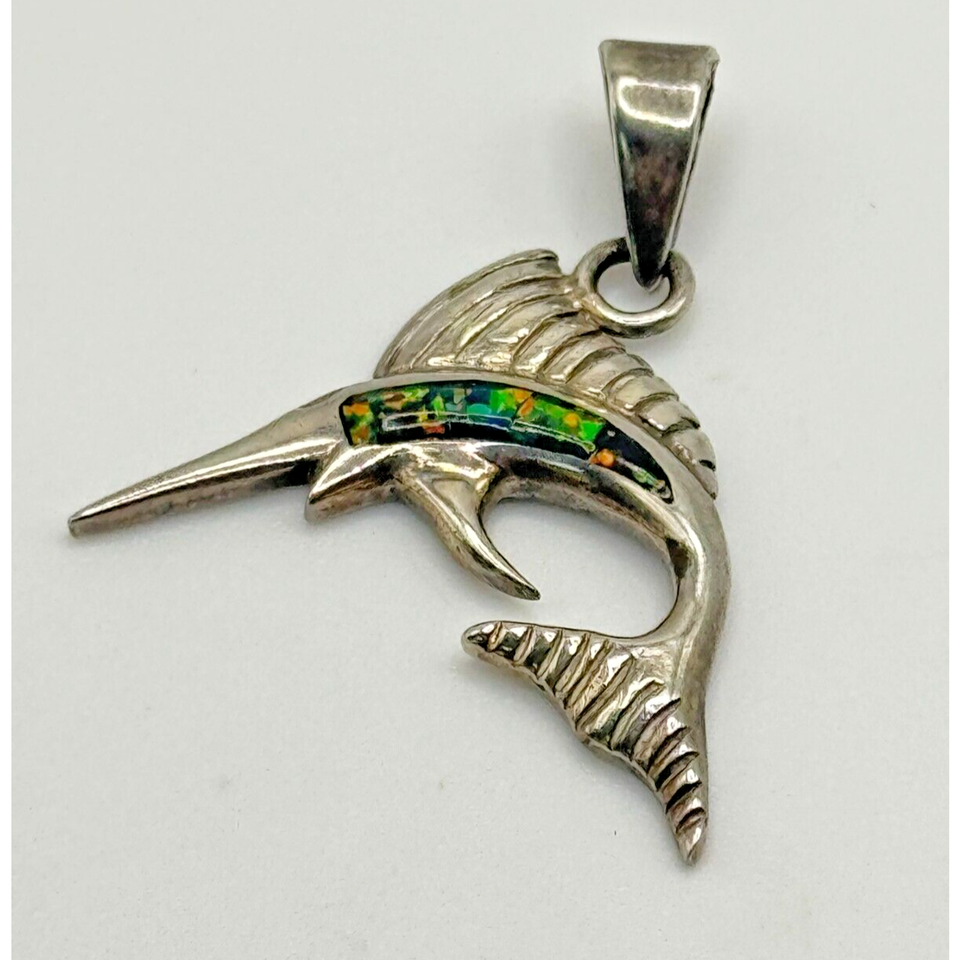 Vintage Sterling Silver Sailfish .925 Pendant Charm With Opal Stone 4. ...