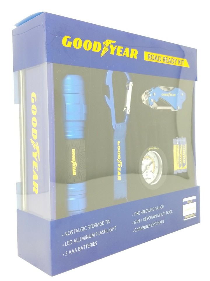 Goodyear Road Ready Car Kit Flashlight Batteries Tire Guage Multi Tool ...