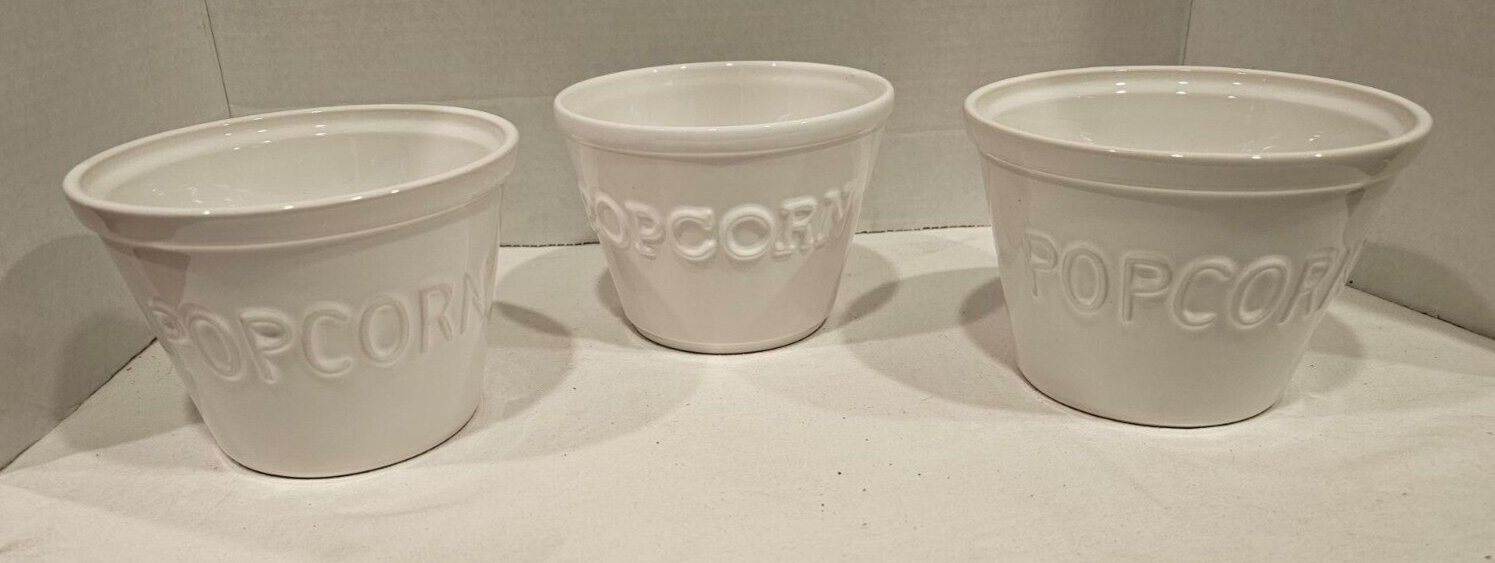 CRATE & BARREL White Ceramic Individual POPCORN BOWL Portugal Set of 3 ...