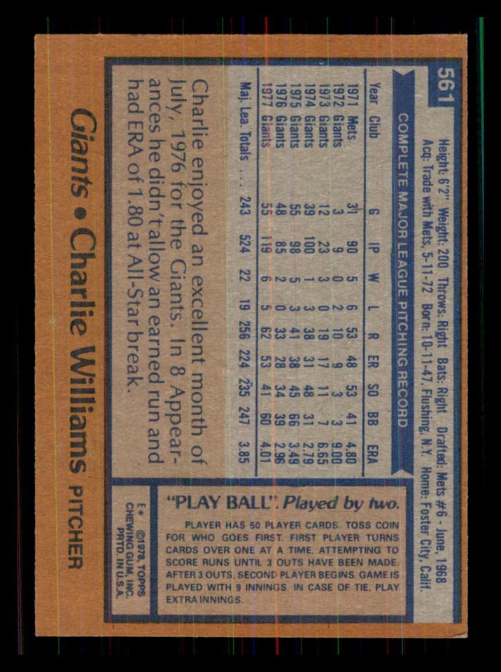 1978 Baseball Topps Charlie Williams San Francisco Giants #561 | eBay