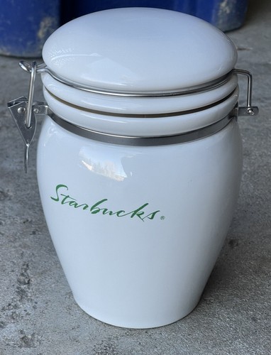 Starbucks White Coffee Canister / Cookie Jar Green Script Writing 8 ...