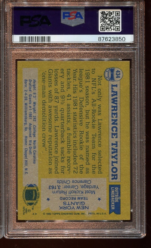 1982 Topps Football 434 Lawrence Taylor Rookie Card RC Graded PSA 9 ...